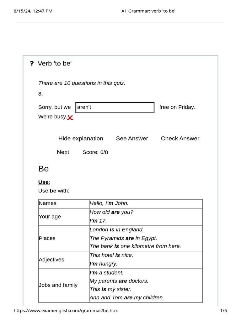 A1 Grammar_ Verb 'to Be' | PDF | Verb | Adjective