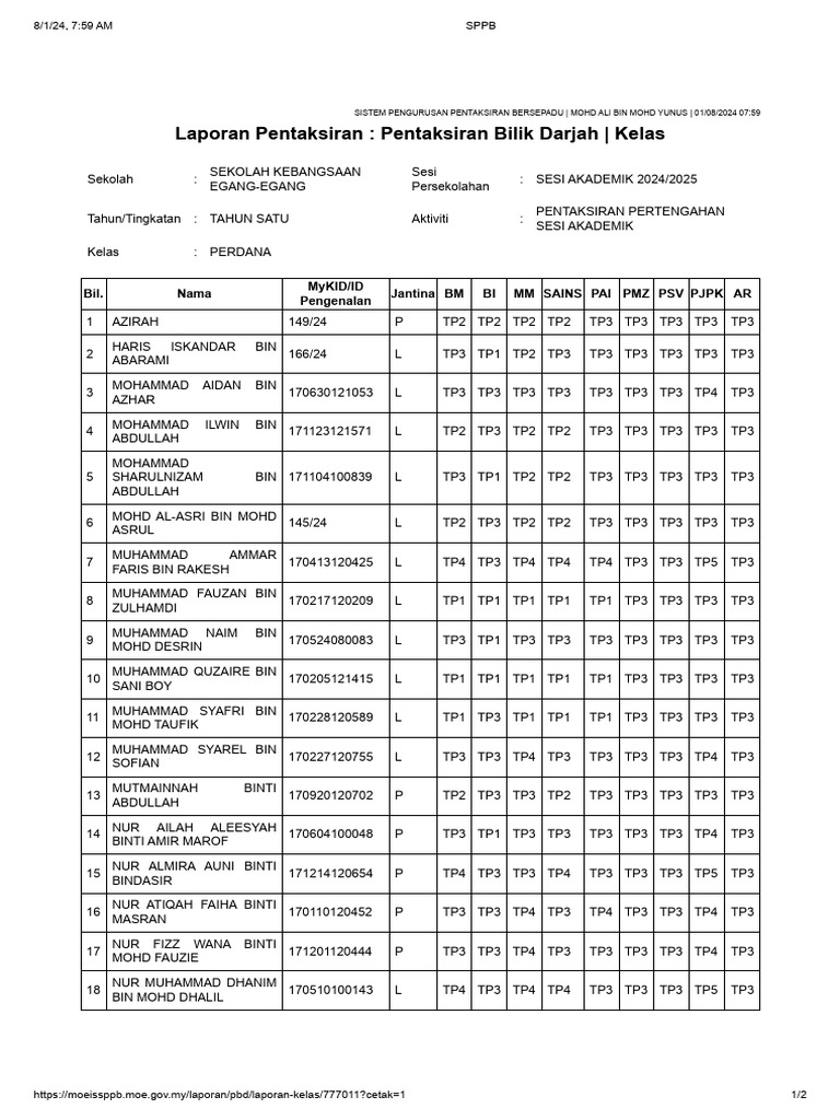 STATUS PEREKODAN PBD TAHUN 1 | PDF
