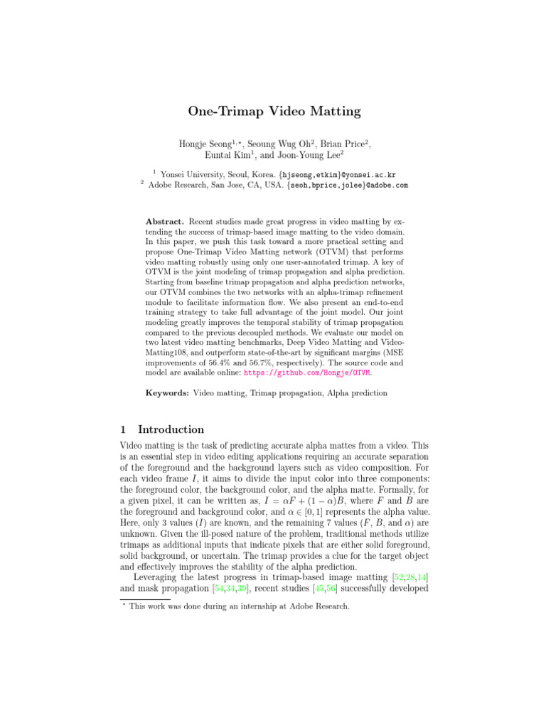 One-Trimap Video Matting Network | PDF | Image Segmentation