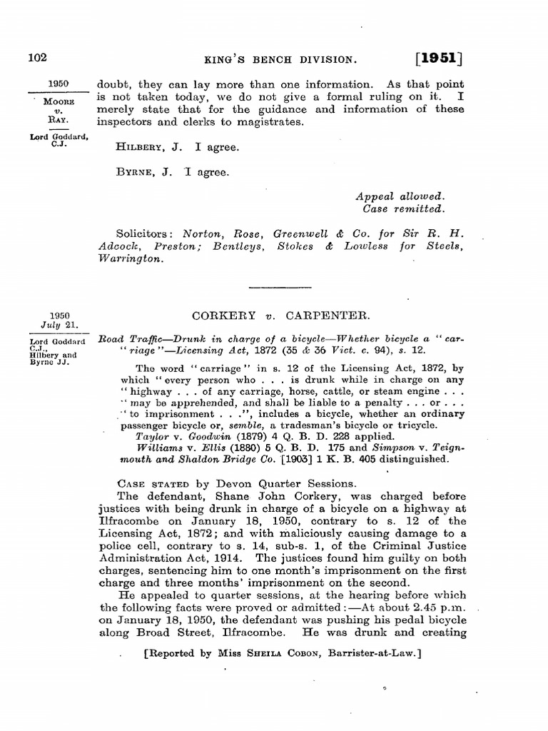 Corkery v Carpenter: Bicycle as Carriage | PDF | Arrest | Criminal Justice