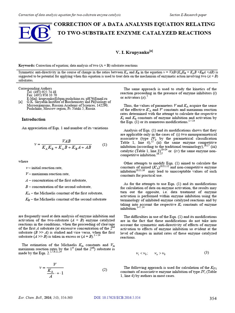 Correction Of A Data Analysis Equation Relating To Two Substrate Enzyme Catalyzed Reactions