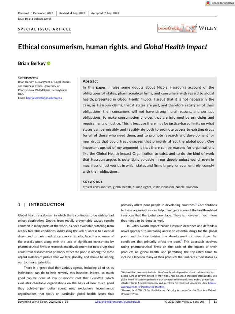 Developing World Bioethics - 2023 - Berkey - Ethical Consumerism Human ...