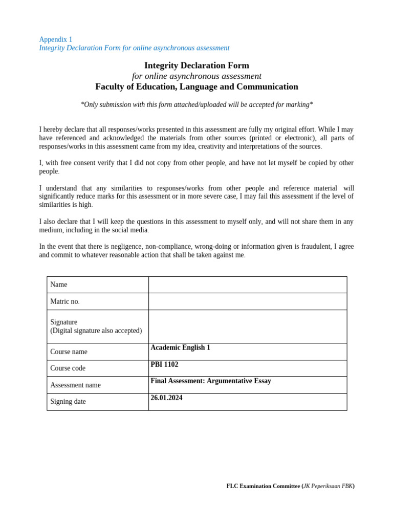 Integrity Declaration for Online Assessment | PDF