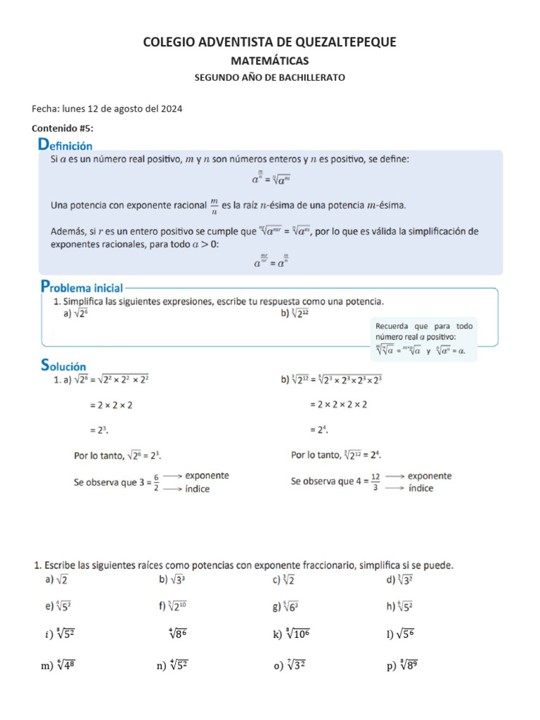 Exponente Racional-Segundo Año | PDF | Ciencia y matemáticas