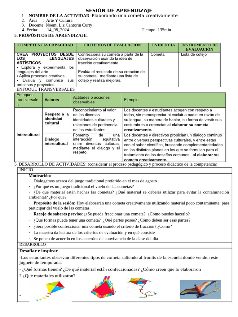 SESIÓN DE APRENDIZAJE Elaboramos Nuestra Cometa | PDF | Evaluación | Aprendizaje