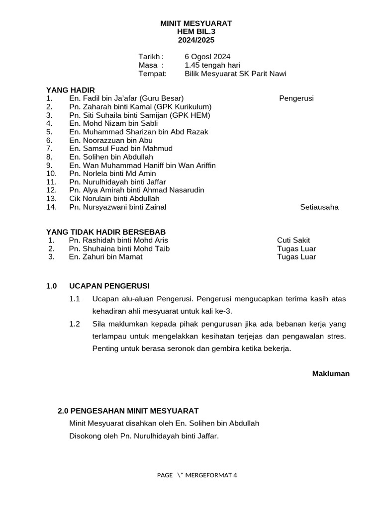 Minit Mesyuarat Hem Bil. 3 2024-1 | PDF