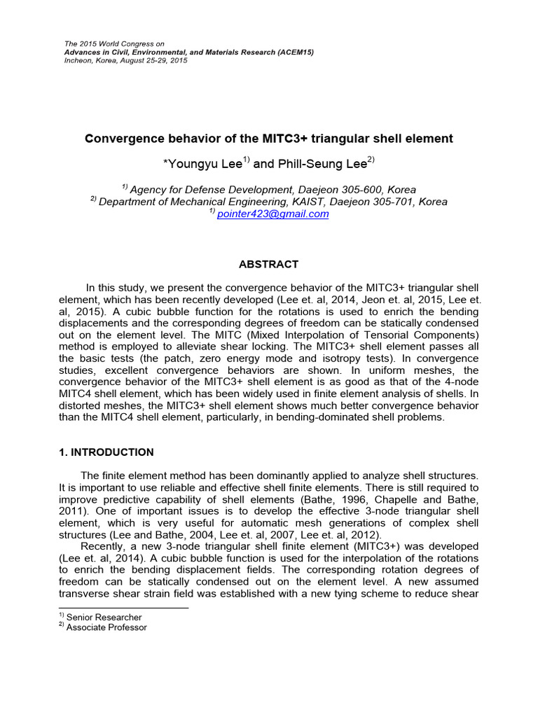Convergence Behavior of The MITC3+ Triangular Shell Element | PDF ...
