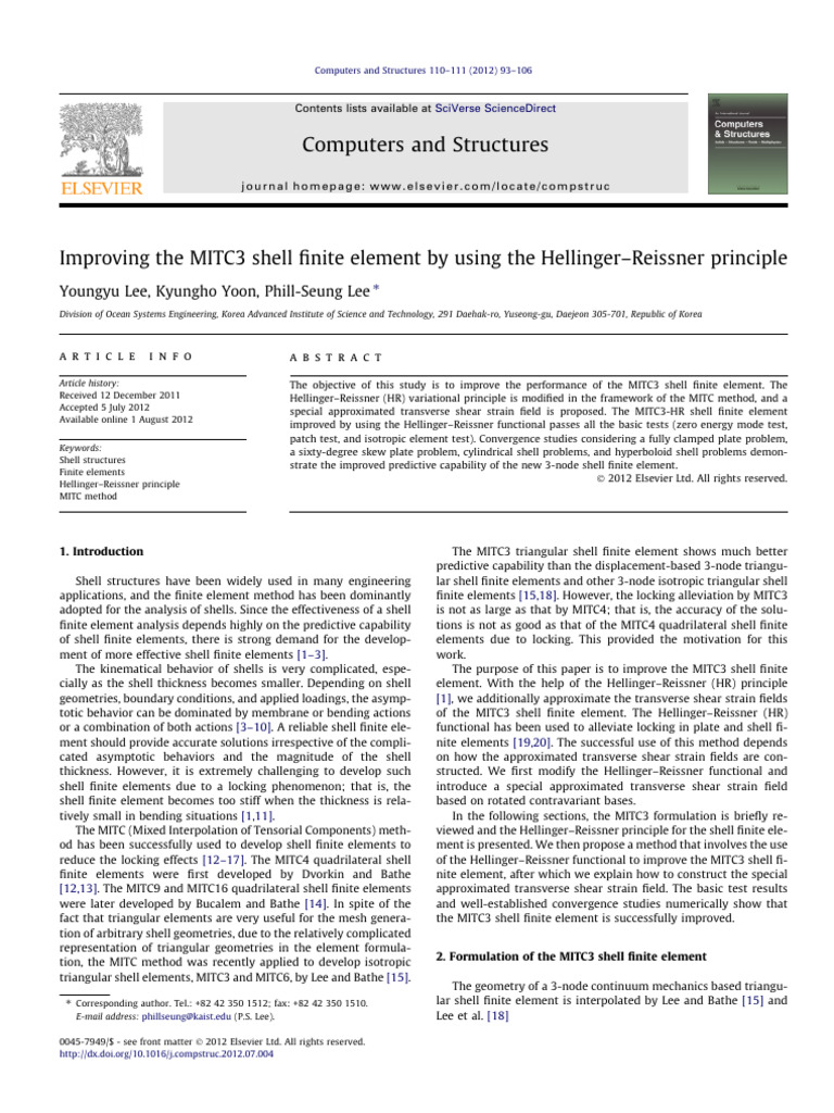 Improving The MITC3 Shell Finite Element by Using The Hellinger-Reissner Principle | PDF ...