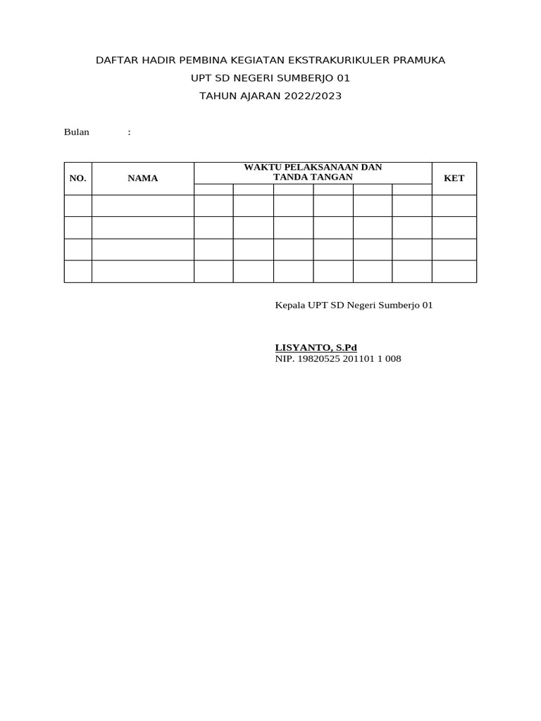 Daftar Hadir Pembina Kegiatan Ekstrakurikuler Pramuka | PDF Daftar Hadir Pembina Kegiatan Ekstrakurikuler Pramuka | PDF