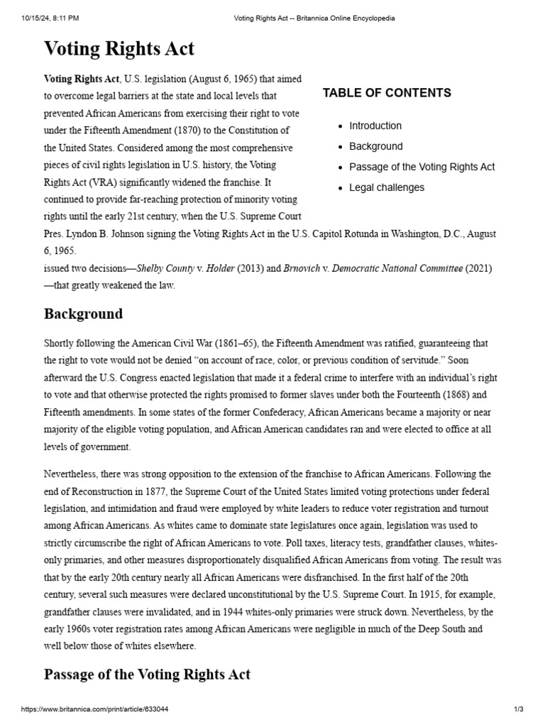 Overview of the Voting Rights Act | PDF | Voting Rights Act Of 1965 ...