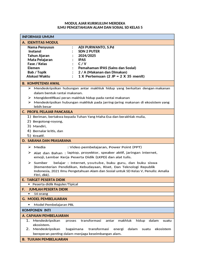 Adi Purwantomodul-Ajar-Sd-Kelas-5-Pbl-Harmoni-Dalam-Ekosistem | PDF