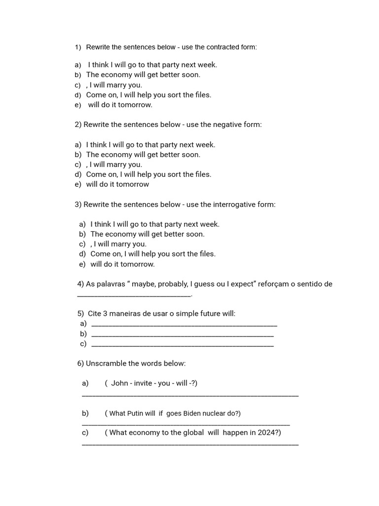 Rewrite the Sentences Below - Use the Contracted Form | PDF