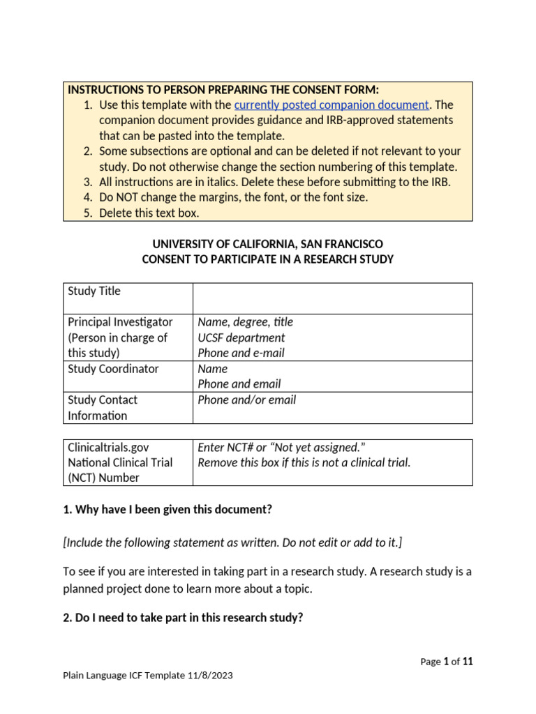 UCSF Informed Consent Form Template | PDF | Confidentiality | Clinical ...
