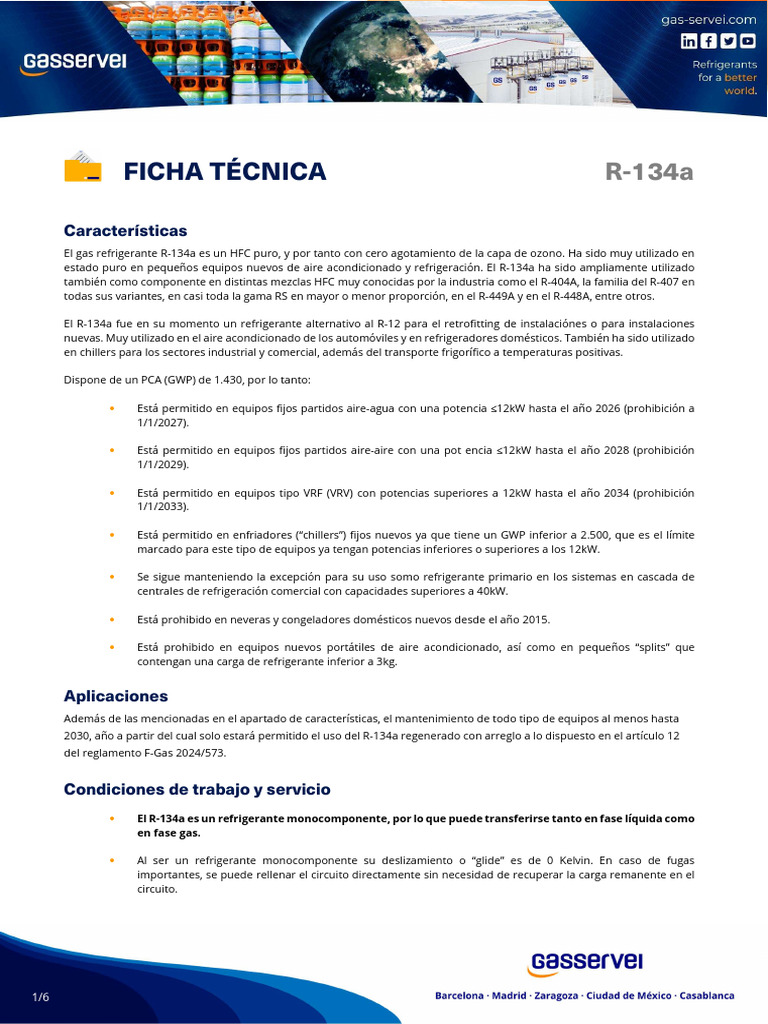 Ficha-Tecnica-R-134a-GS-2024 | PDF | Refrigerador | Propiedades termodinámicas.