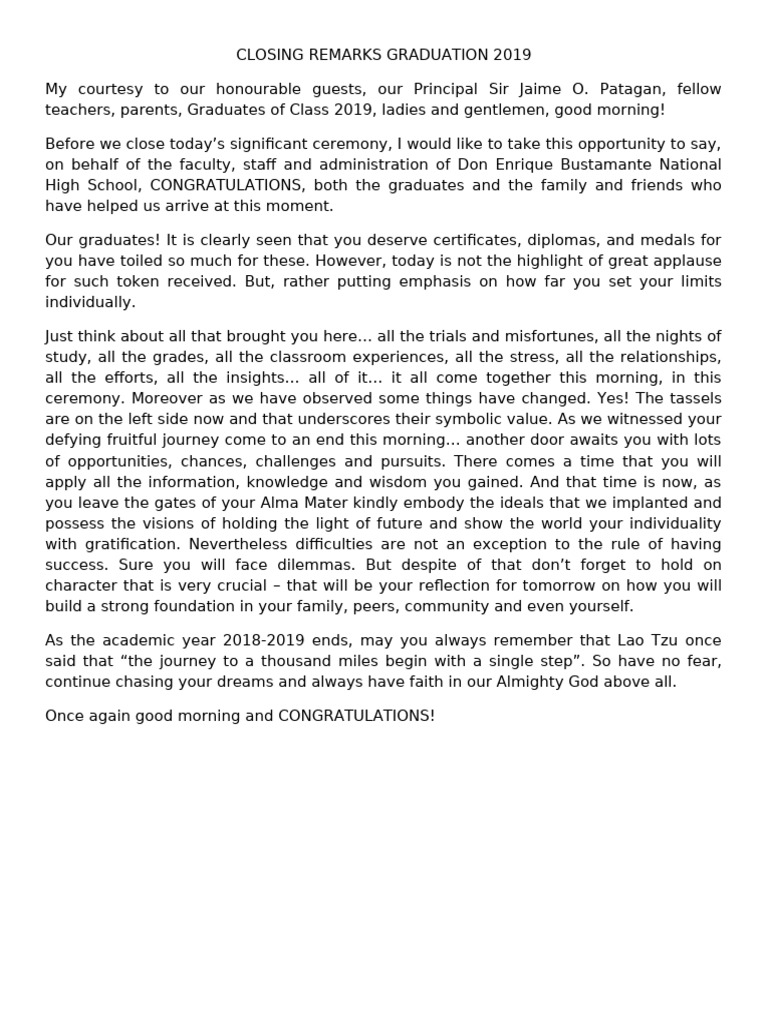 Closing Remarks Graduation 2019 | PDF | Career & Growth | Self-Improvement