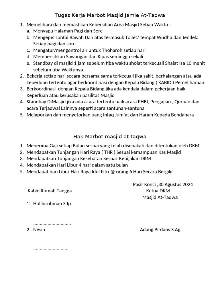 Tugas Kerja Marbot Masjid Jamie Attaqwa | PDF | Agama & Spiritualitas