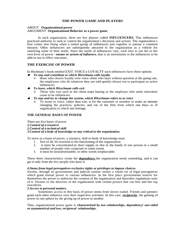 The Power Game and Players | PDF | Coalition | Employment