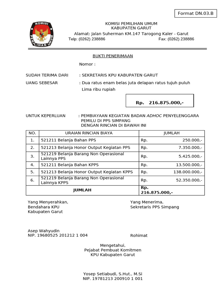 Format DN.03.B Bukti Penerimaan Dana Tahapan Pemilu PPS-1 | PDF