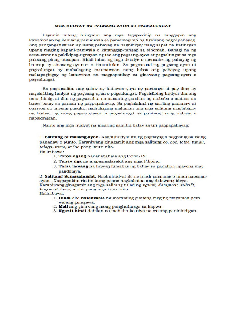 Pagsang-Ayon at Pagsalungat Fact Sheet and Quiz | PDF