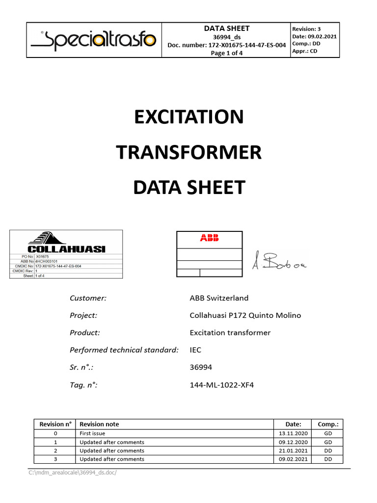 Excitation Transformer Data Sheet | PDF | Transformer | Insulator ...