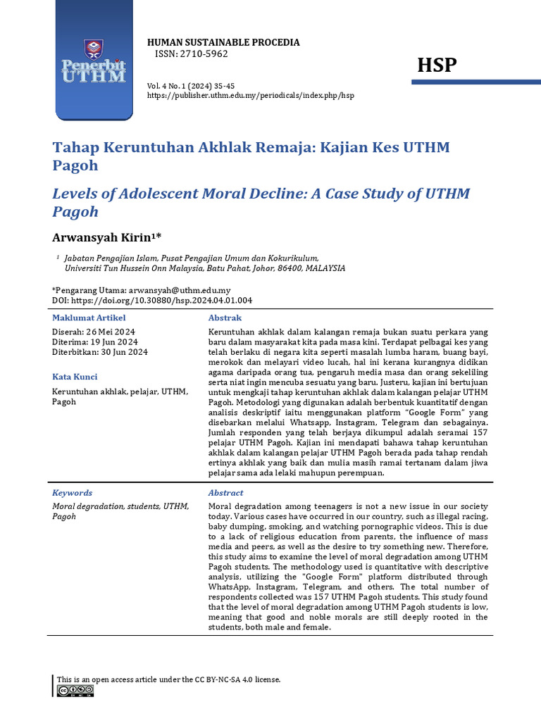 Tahap Keruntuhan Akhlak Remaja: Kajian Kes UTHM Pagoh: Levels of Adolescent Moral Decline: A ...