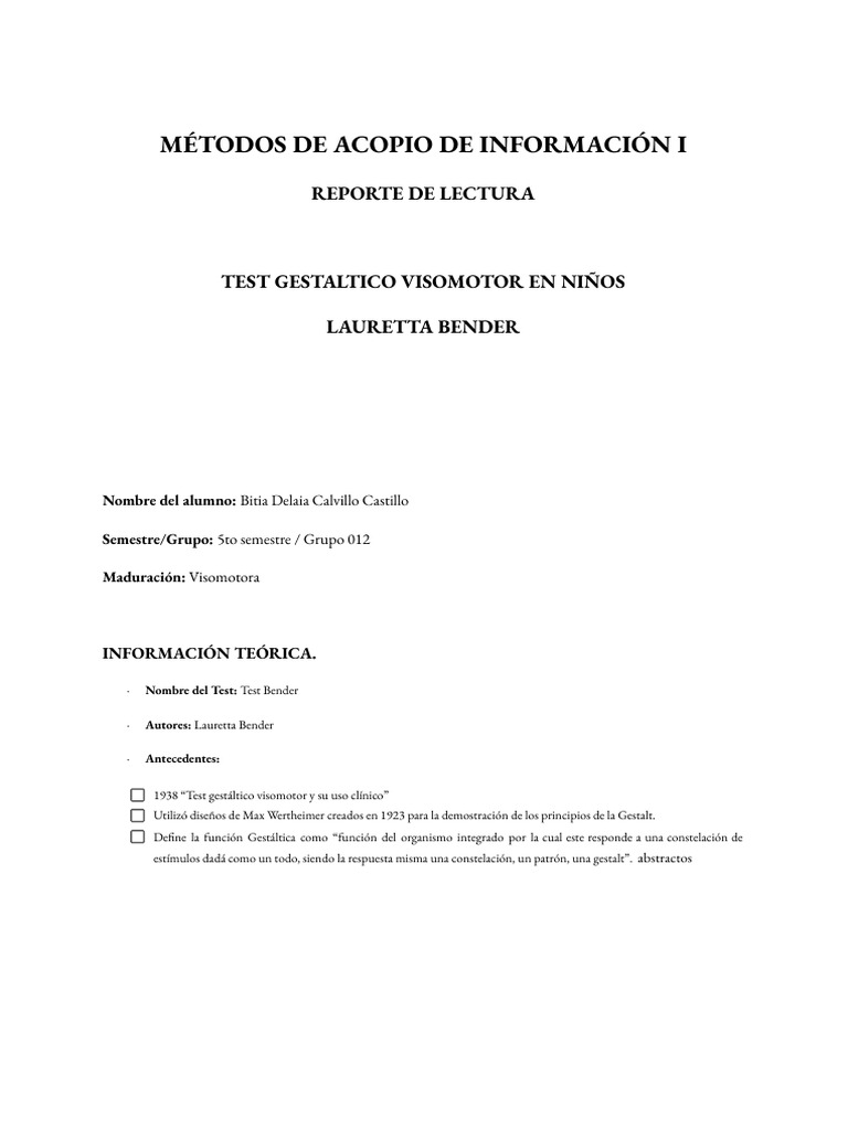 Test Bender: Evaluación Visomotora Infantil | PDF | Sicología ...