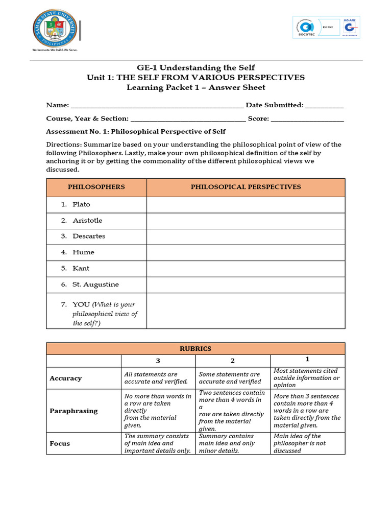 GE-1-LP-1-ANSWER-SHEET-revised | PDF | Idea | Philosophy Of Self