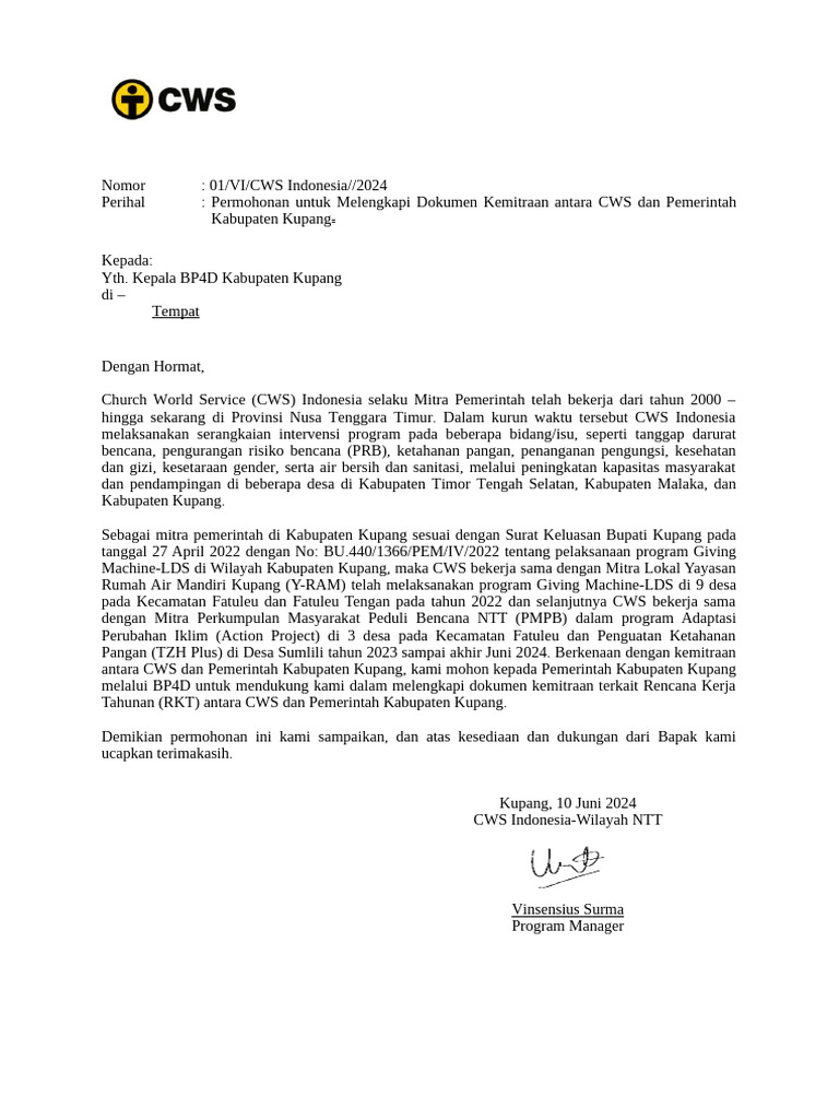 Draft Surat Permohonan Pembuatan Dan Persetujuan RKT CWS & PemKab Kupang | PDF | Sains & Matematika