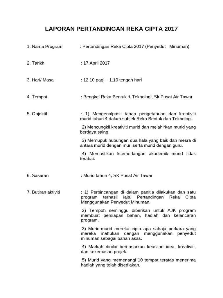 Laporan Pertandingan Reka Cipta 2017 | PDF