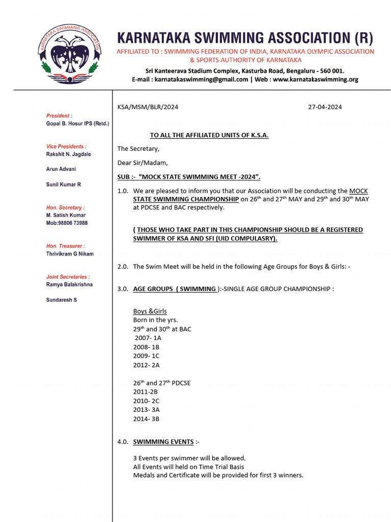 MOCK STATE MEET 2024 | PDF | Swimming (Sport) | Athletic Sports