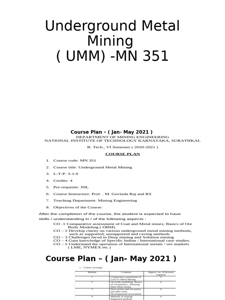 Underground Metal Mining - Introduction Course Plan | PDF | Mining | Materials