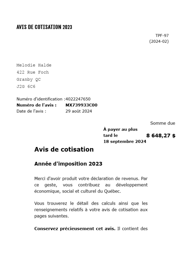 Avis de Cotisation 2023 - Revenu Québec | PDF | Impôts | Impôt sur le ...