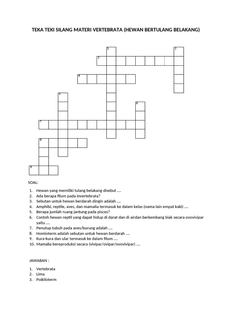 Teka Teki Silang Materi Vertebrata | PDF