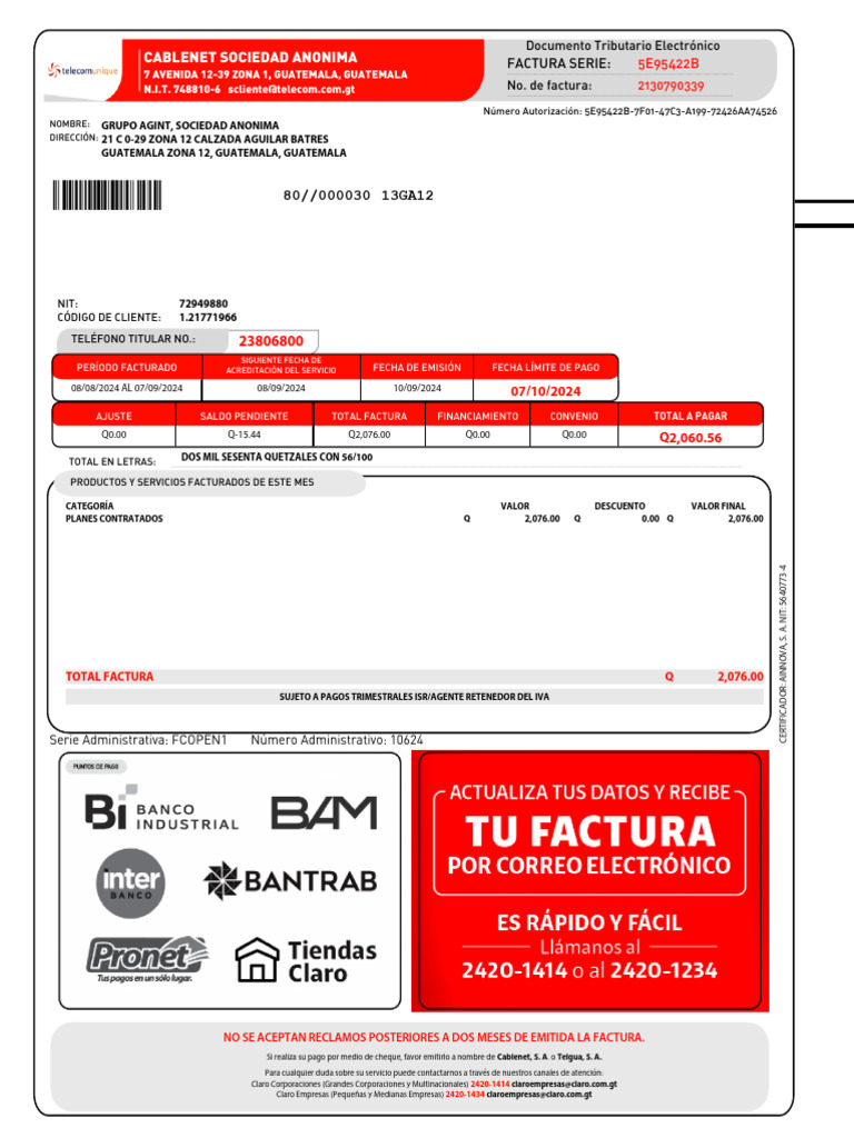 Factura Electrónica Cablenet 2024 | PDF | Factura | Guatemala