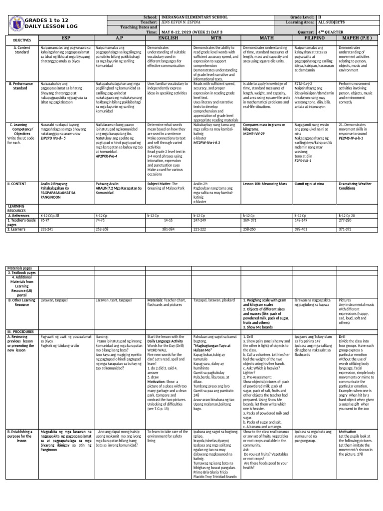 DLL - All Subjects 2 - Q4 - W2 - D3 | PDF | Reading Comprehension