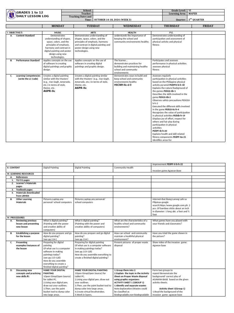 DLL - Mapeh 6 - Q2 - W3 | PDF | Learning | Teachers