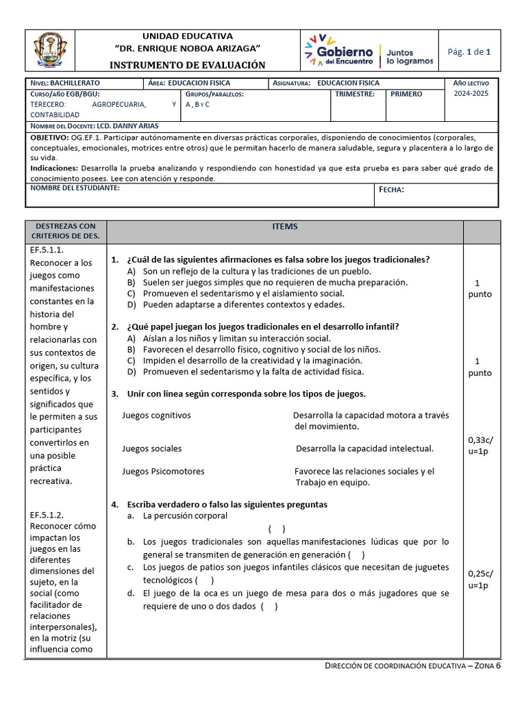 EVALUACION 1ER TRIM. EDUC FIS. 3ero BACH 2024.. | PDF | Ajedrez | Educación Física