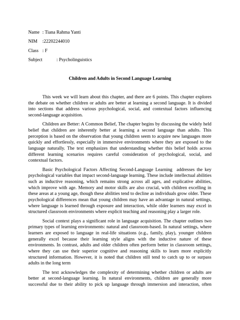 Children vs. Adults in Language Learning | PDF | Second Language ...