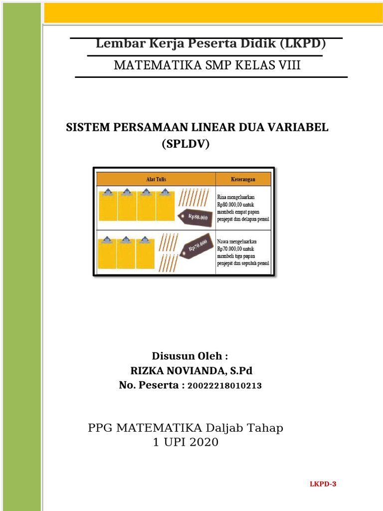 LKPD 3 SPLDV Kelas VIII | PDF