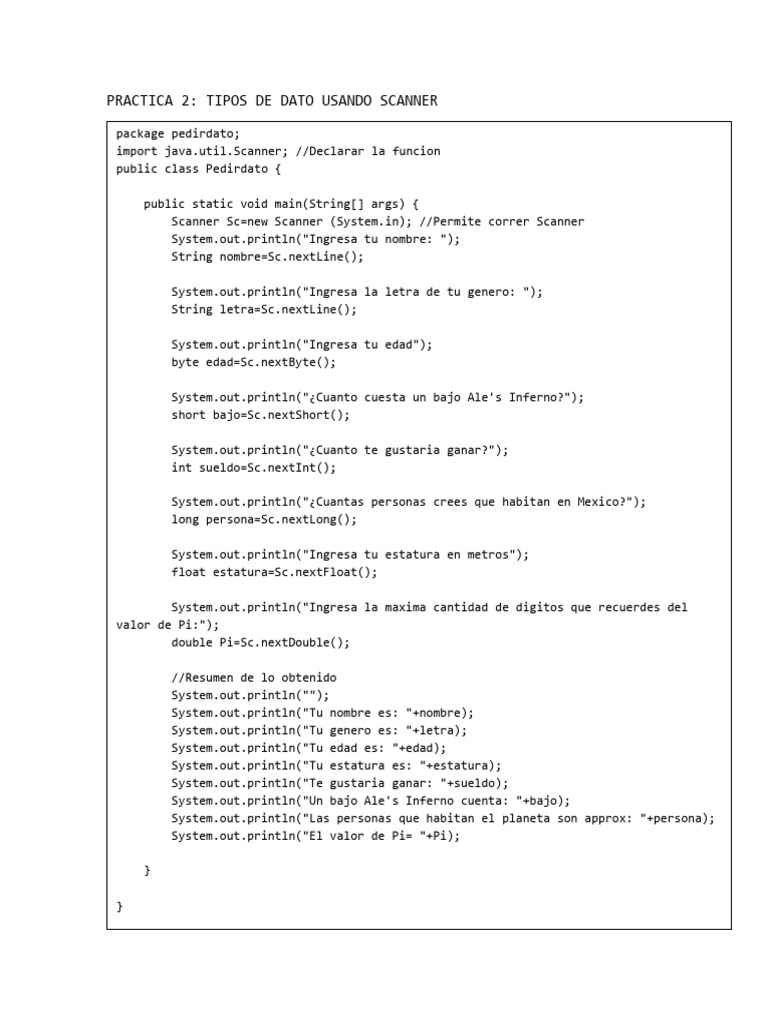 PRACTICA 2. TIPOS DE DATO USANDO SCANNER | PDF