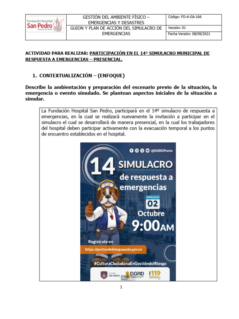FO-A-GA-166 Guion Plan Accion Simulacro V1 Municipal 14 Respuesta A Emergencias | PDF | Hospital ...