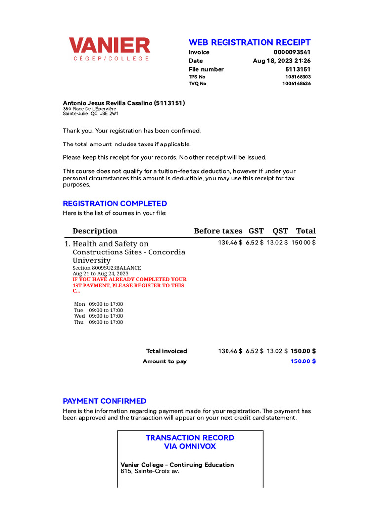 Vanier College - Continuing Education | PDF | Receipt | Payments