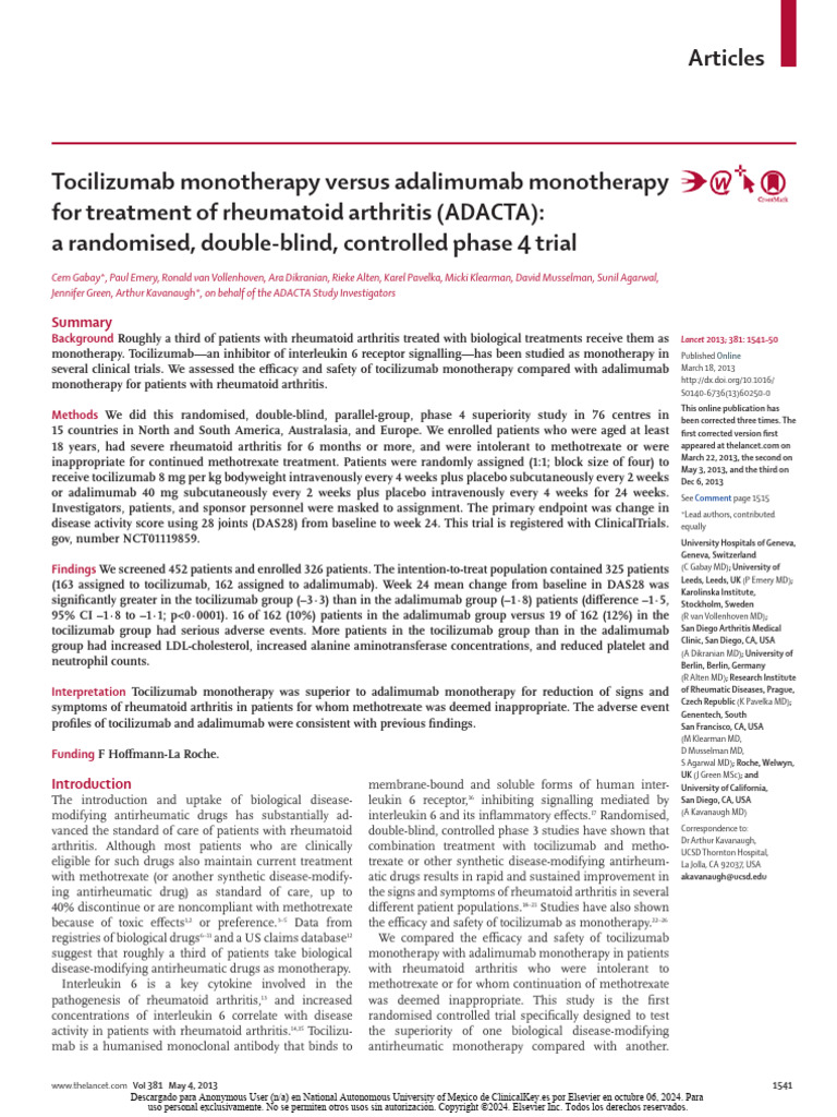 Tocilizumab vs Adalimumab for RA | PDF | Rheumatoid Arthritis | Clinical Medicine