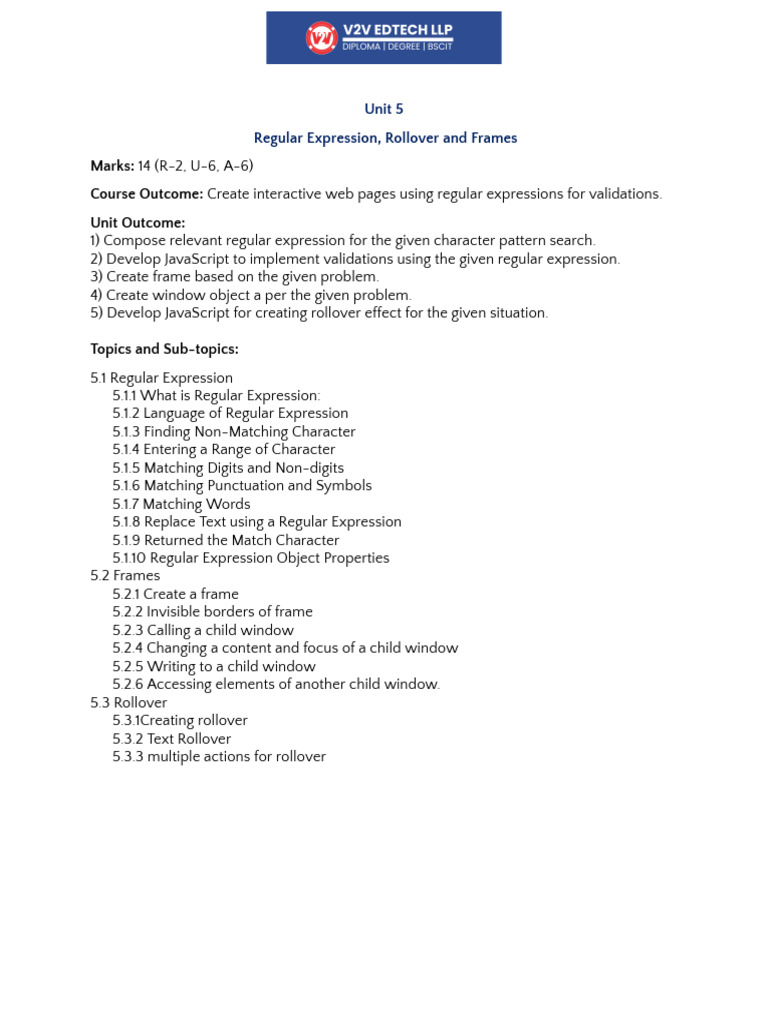 Unit 5 Regular Expression, Rollover, Frame.docx | PDF | Regular Expression | Html Element