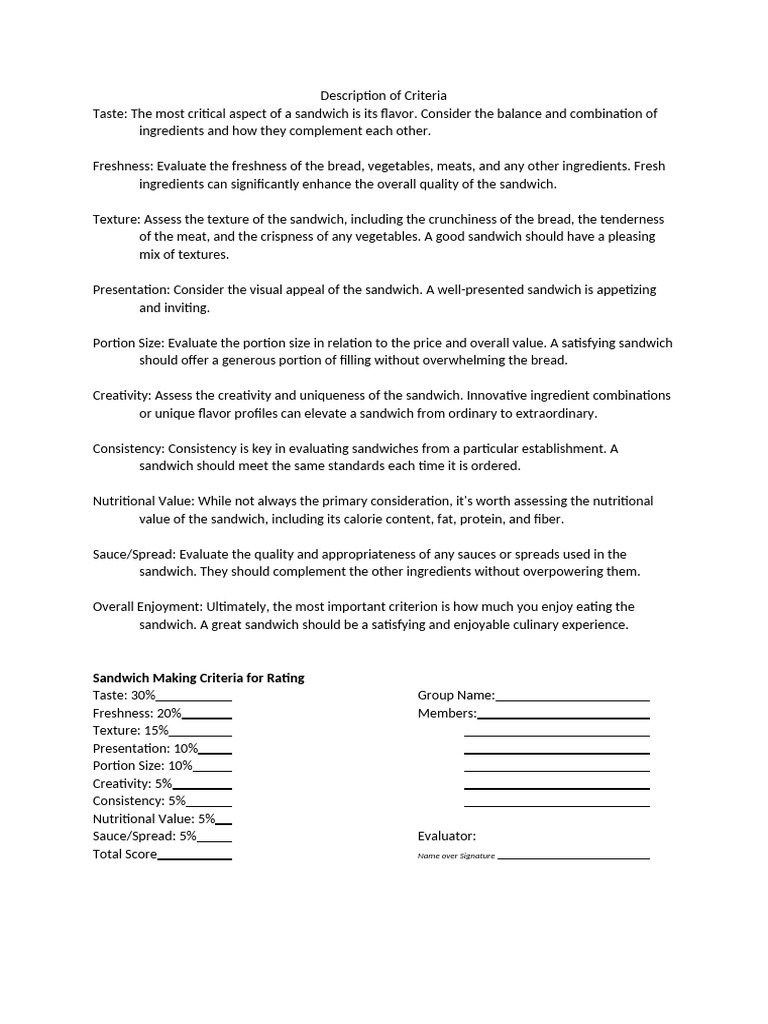 Sandwich Evaluation Criteria Guide | PDF