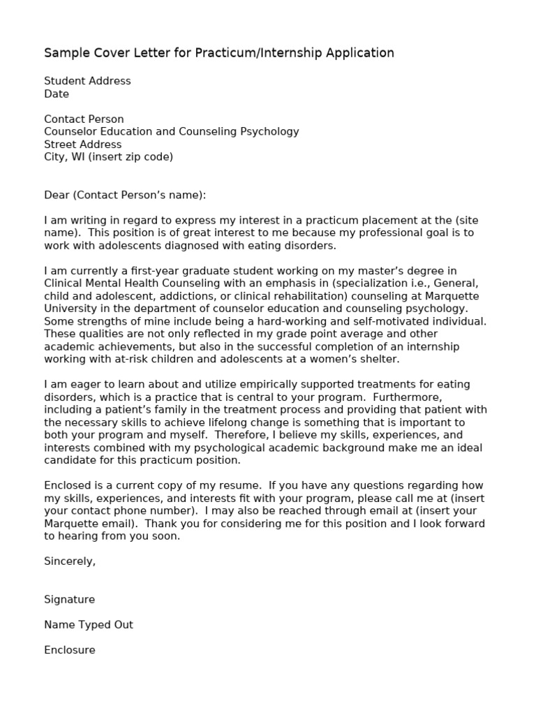 Sample Cover Letter For Practicum/Internship Application | PDF | Self ...