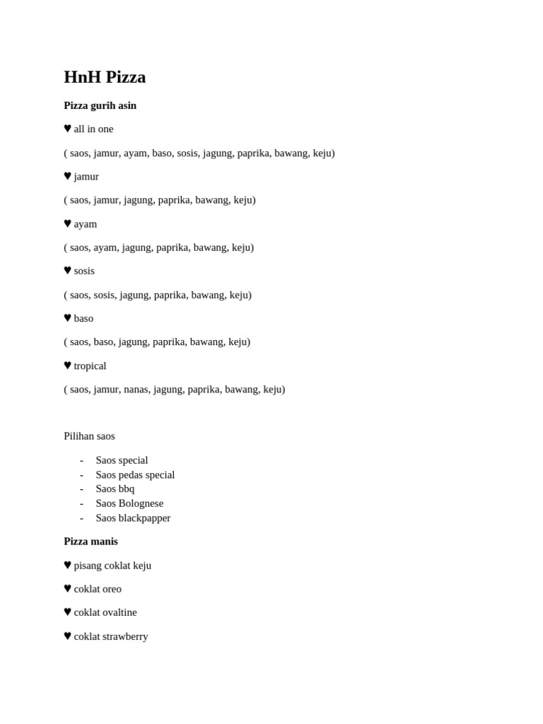 HnH Pizza Menu: Savory & Sweet Options | PDF