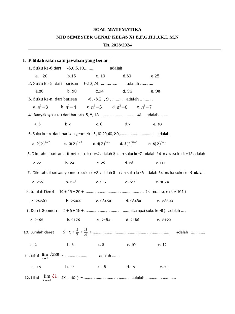 Soal MTK (Wajib) Uts Genap 2024 Kls Xi | PDF