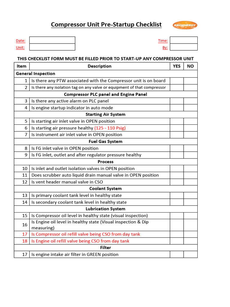 Compressor Unit Pre Startup Checklist | PDF