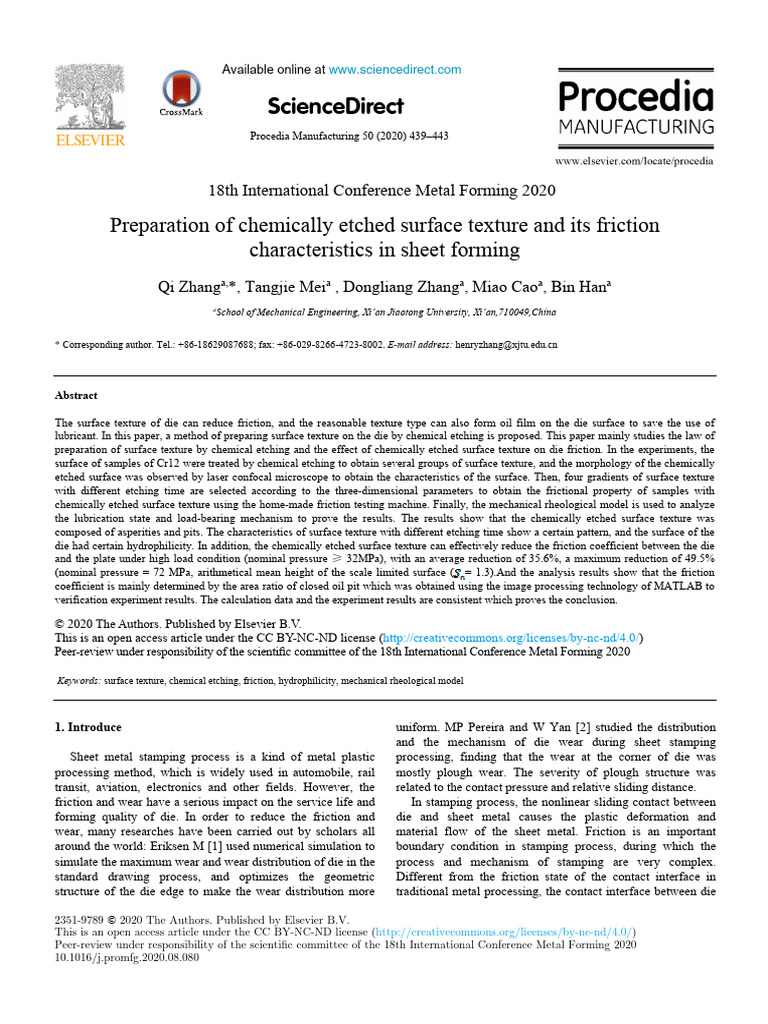 Preparation of Chemically Etched Surface Texture and Its Friction Characteristics in Sheet ...
